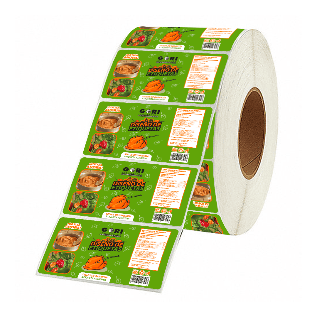 Etiquetas autoadheribles en rollo impresas con tu marca