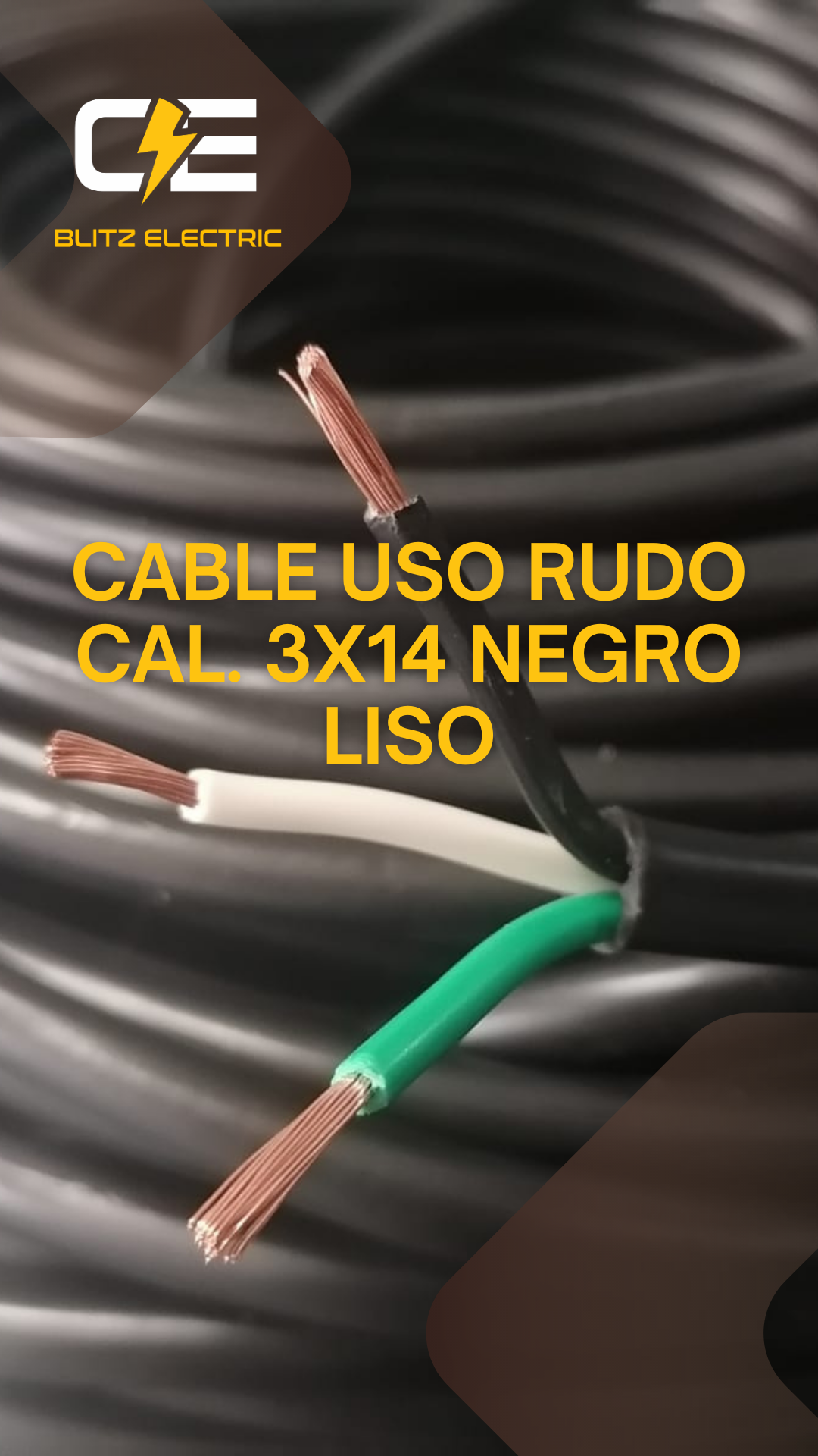 Cable cobre forrado de uso rudo 3X14 negro liso 300V